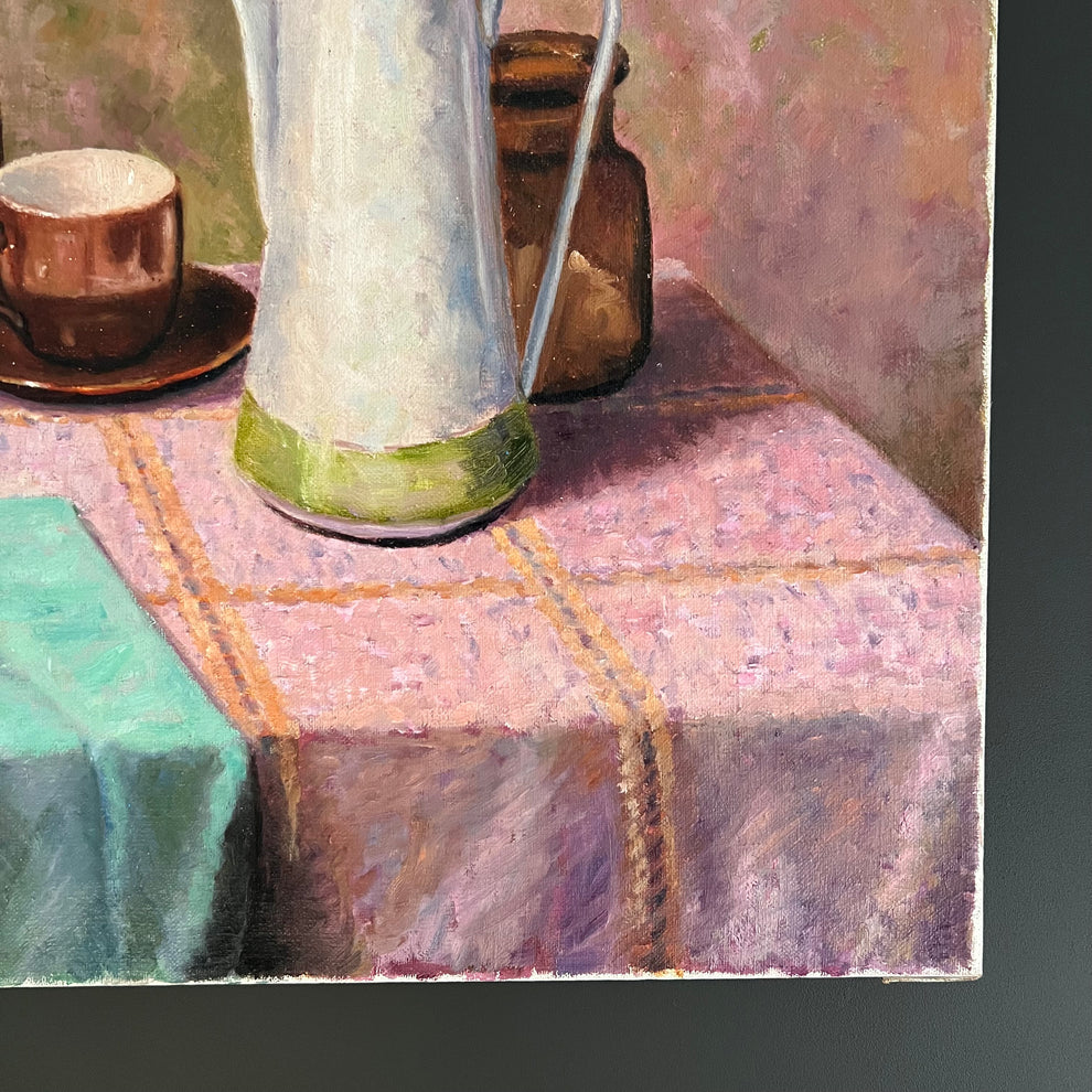 Vintage Oil Painting Still Life Variety of Vessels on Pink Tablecloth ...