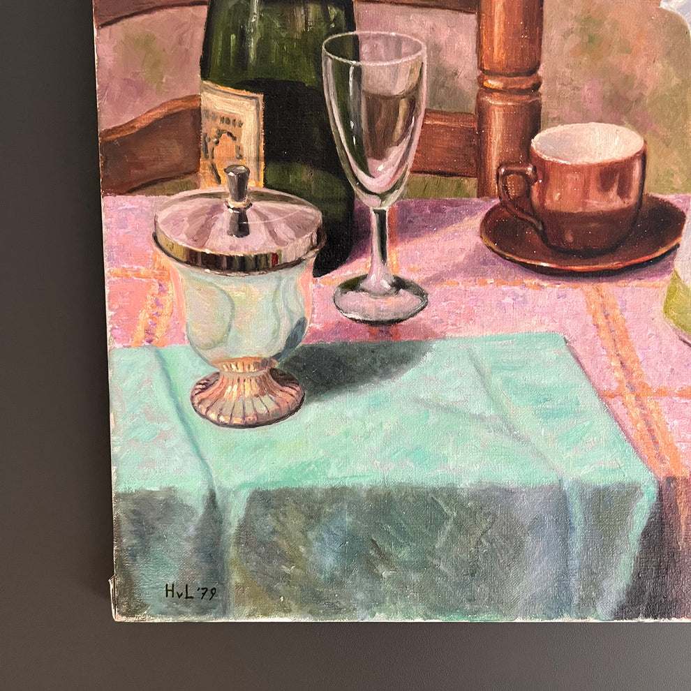 Vintage Oil Painting Still Life Variety of Vessels on Pink Tablecloth ...